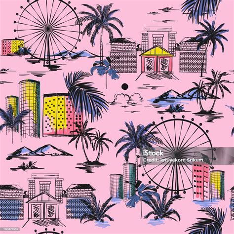 도시 여름 분위기 완벽 한 패턴입니다 벡터 휴가 일러스트 건축 건물 바퀴 야자수 산 디자인 패션 직물 웹 벽지 및 모든 인쇄 거리에 대한 스톡 벡터 아트 및 기타 이미지