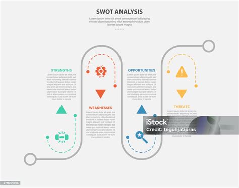 슬라이드 프리젠 테이션을위한 라인 방향에 따라 위아래로 도로 여행이있는 4 포인트 템플릿이있는 Swot 분석 인포 그래픽 개요 스타일 0명에 대한 스톡 벡터 아트 및 기타