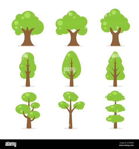 Flat Tree Collection Simple Shapes Of Green Trees Isolated On White Background Stock Vector