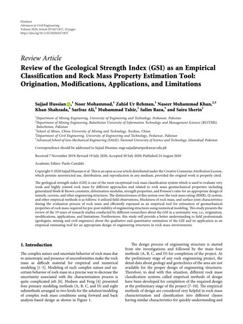 Pdf Review Of The Geological Strength Index Gsi As An Empirical Classification And Rock Mass