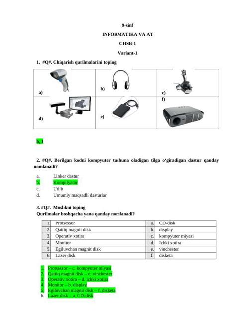 9 Sinf Informatika Testlar Javoblari Bilan