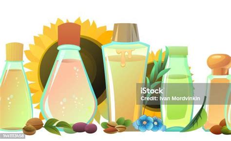 천연 오일 원활한 하단 테두리 만화 스타일 견과류와 식물 씨앗에서 추출 생태 학적으로 깨끗한 자연 식품 건강한 라이프 스타일 요리를위한 제품 흰색 배경에 격리 벡터 0명에