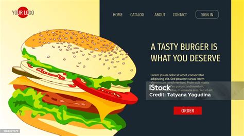 패스트 푸드 스트리트 카페 레스토랑 메뉴 정크 푸드를위한 웹 페이지 디자인 고기 치즈 토마토 오이 양상추와 햄버거의 스케치 건강에 좋지 않은 음식에 대한 스톡 벡터 아트 및