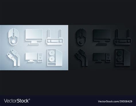 Set Computer Monitor Router And Wi Fi Signal Lan Vector Image