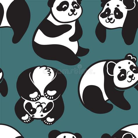 Black And White Cute Cartoon Pandas On Dark Cyan Seamless Pattern In Vector Stock Vector