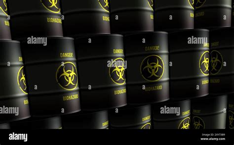 Biohazard And Biological Waste Barrels In Row Concept Medical Toxic