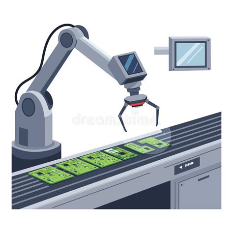 Industrial Robotic Arm Assembling Green Circuit Boards On Conveyor Belt