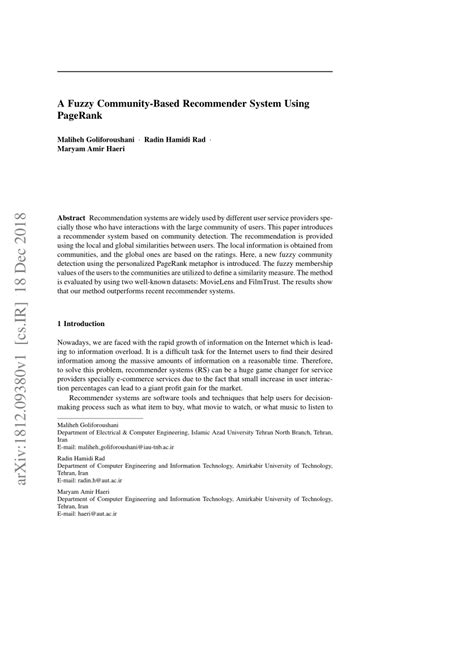 Pdf A Fuzzy Community Based Recommender System Using Pagerank