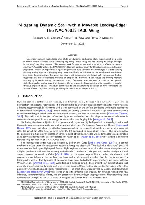 Pdf Mitigating Dynamic Stall With A Movable Leading Edge The Naca0012 Ik30 Wing