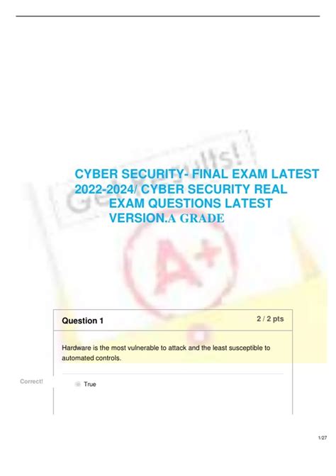 Cyber Security Final Exam Latest Cyber Security Real Exam Questions Latest Versiona Grade
