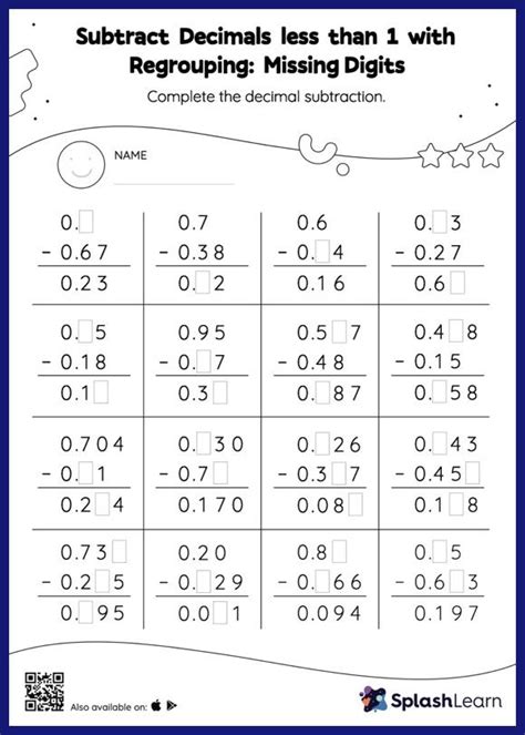 Subtract Decimals Less Than 1 With Regrouping Missing Digits Math Worksheets Splashlearn