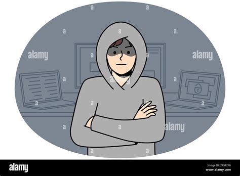 Young Man In Hood Standing Near Computers Hacking Internal Operations