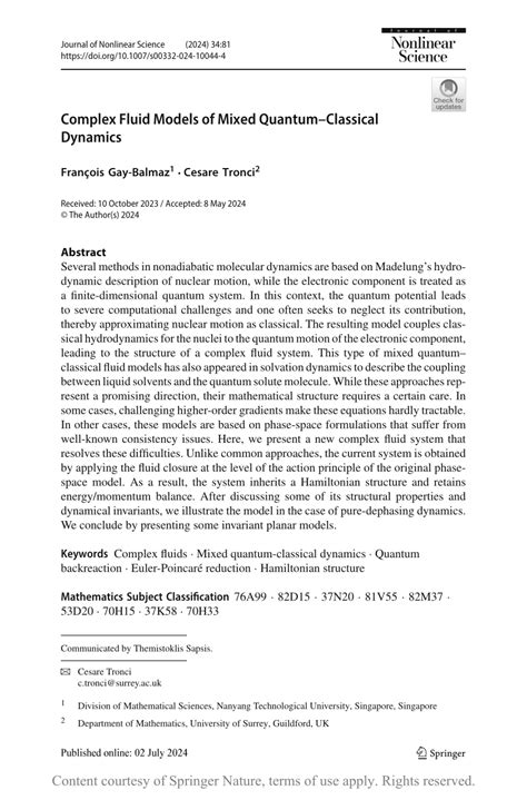 Pdf Complex Fluid Models Of Mixed Quantum Classical Dynamics