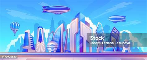2302m10i015n009fc071221528898 비행선 풍경 고층 빌딩 건물 위의 비행선 하늘 수평선의 에어로스타트 메가폴리스 파노라마가 있는 미래 도시 장면 벡터