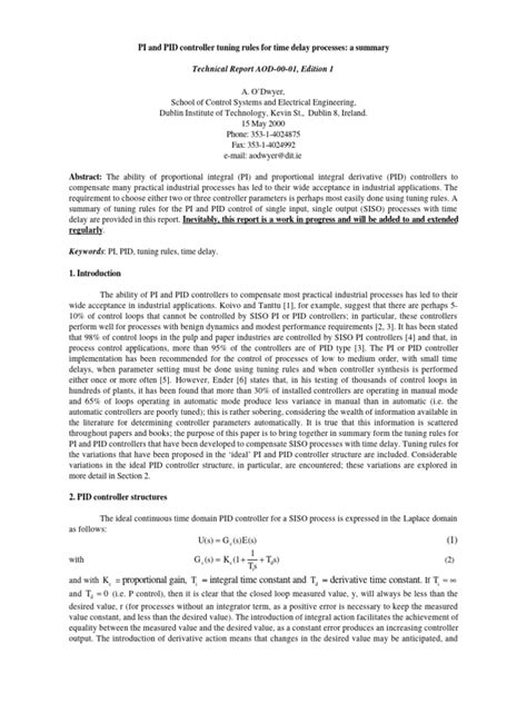 Pi And Pid Controller Tuning Rules For Time Delay Processes Pdf