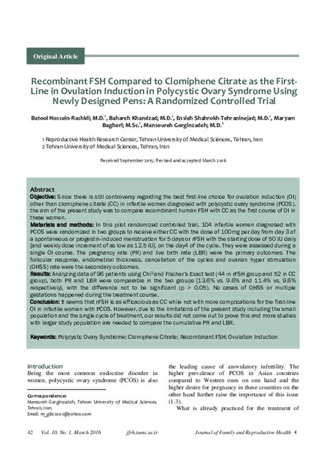 Pdf Recombinant Fsh Compared To Clomiphene Citrate As The First Line In Ovulation Induction In