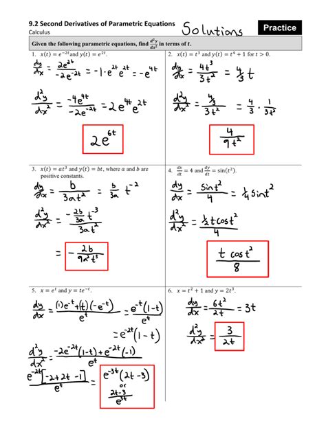 Second Derivatives Of Parametric Equations Worksheet