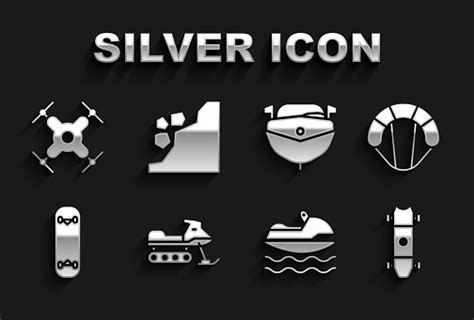 스노우 모빌 낙하산 롱 보드 또는 스케이트 보드 제트 스키 스케이트 보드 트릭 스피드 보트 드론 비행 및 산사태 아이콘을 설정합니다 벡터 거리에 대한 스톡 벡터 아트 및