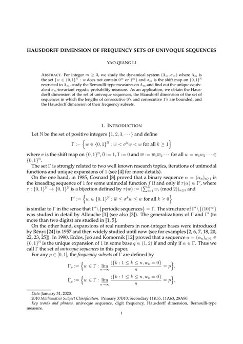 Pdf Hausdorff Dimension Of Frequency Sets Of Univoque Sequences
