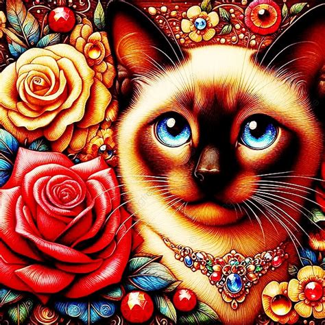 Cat Siamese Art Background Cat Flower Siamese Cat Siamese Cartoon