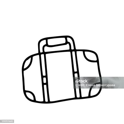 스티커 표시 및 강조 코너가있는 빈티지 가방 손으로 그린 윤곽선 낙서 아이콘 여행 및 모험 수하물 흰색 배경에서 격리된 벡터 스케치입니다 복고풍 스타일의 여행 가방 가방에