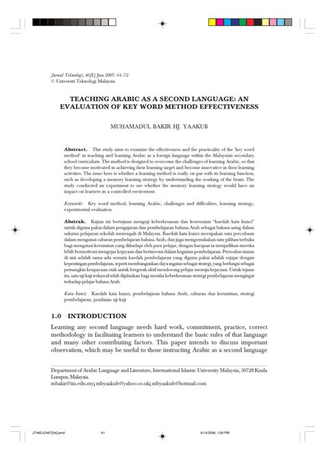 Pdf Teaching Arabic As A Second Language An Evaluation Of Key Word Method Effectiveness