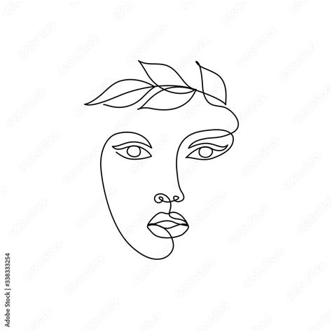 Abstract Minimal Line Drawing Beauty Woman Face With Leaves Stock
