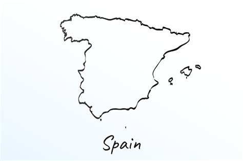 스페인의 손 그리기지도 검정 선 그리기 스케치입니다 흰색 배경에 윤곽 낙서 국가의 필기 스크립트 이름입니다 벡터 일러스트레이션 스페인에 대한 스톡 벡터 아트 및 기타 이미지
