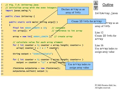 Chapter 7 - Arrays Outline 7.1 Introduction 7.2 Arrays 7.3 Declaring and Creating Arrays 7.4 ...