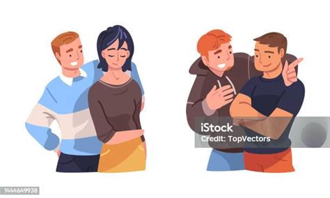 포옹하는 사람들의 집합입니다 행복 한 친구 낭만적 인 관계 만화 벡터 일러스트 레이 션 4 명에 대한 스톡 벡터 아트 및 기타