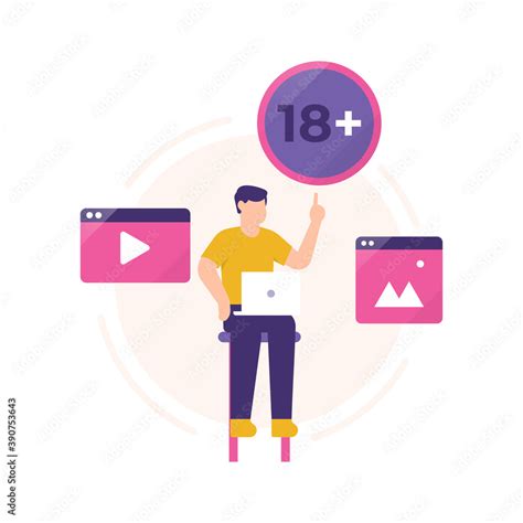Concept Of Adult Sites Or Channels Access For 18 Illustration Of Man Sitting Using A Laptop