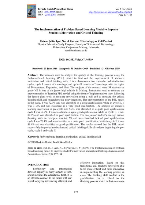 pdf the implementation of problem based learning model to improve