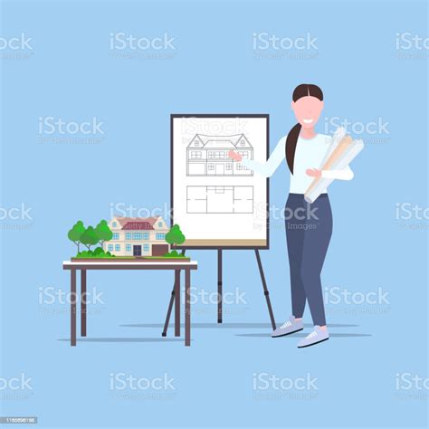 여성 건축가 들고 는 새로운 주택 프로젝트 건축 건설 산업 개념 전체 길이 평면을 제시 하는 청사진 을 롤업 여성 엔지니어 건축가에 대한 스톡 벡터 아트 및 기타 이미지
