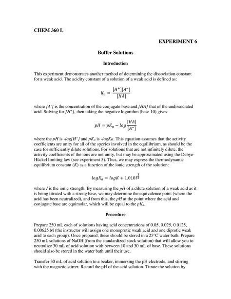 Lab 6 Handout CHEM 360 L EXPERIMENT 6 Buffer Solutions Introduction This Experiment