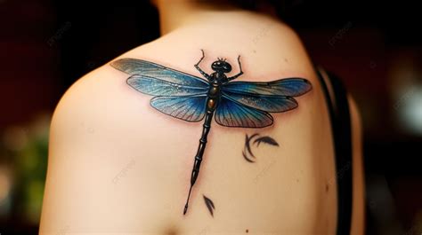 Blue Dragonfly Tattoo On Back Of Women Background Pictures Of