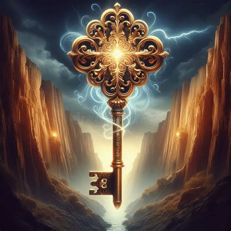 Ornate Golden Key In Mystical Canyon Setting With Glowing Light Stock