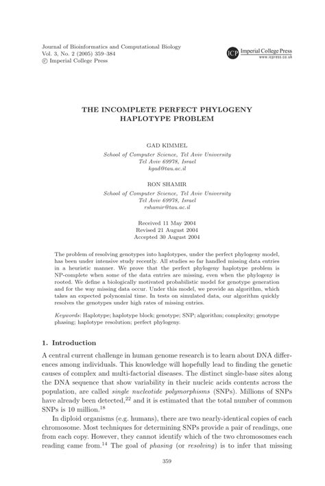 Pdf The Incomplete Perfect Phylogeny Haplotype Problem