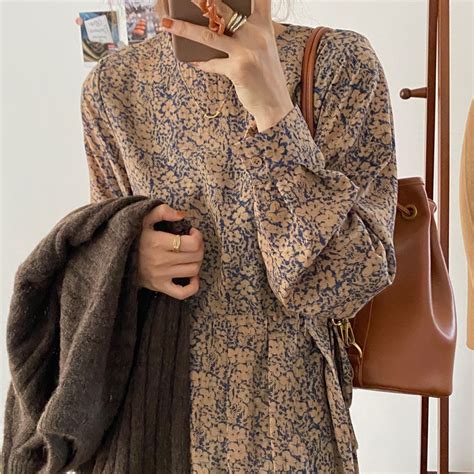 우아한 프랑스 스타일 꽃 랜턴 슬리브 디자인 주름 허리 포옹 슬리밍 기본 드레스 여성용 세련된 가을 Aliexpress