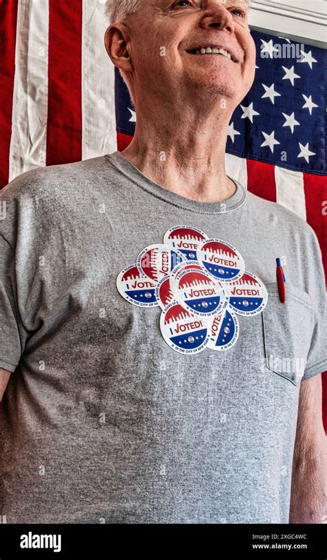 Proud Democratic Party Voter Wearing Proof Of Voting Stickers For All