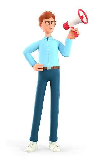 스피커를 들고 만화 미소 남자의 3d 그림 흰색에 고립 된 라우드 스피커를 통해 발표 귀여운 서있는 사업가 비즈니스 광고 홍보 컨셉 3차원 형태에 대한 스톡 사진 및 기타