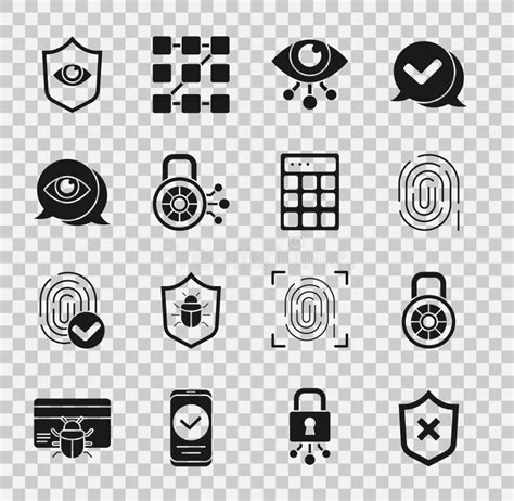 Set Shield With Cross Mark Safe Combination Lock Fingerprint Eye Scan Cyber Security And