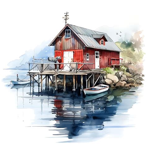 Premium Ai Image Watercolor Boathouse Norway Suspended Over Water And