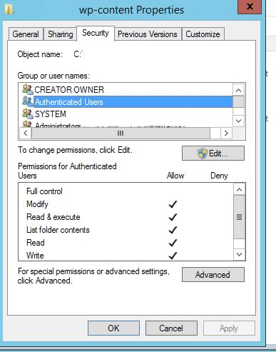Wordpress On Windows IIS Permissions Error Uploaded File Could Not Be Moved To Wp Content