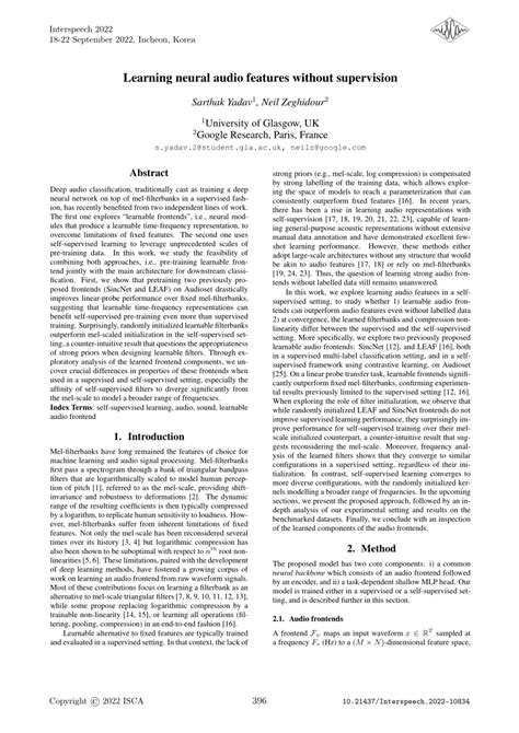 Pdf Learning Neural Audio Features Without Supervision