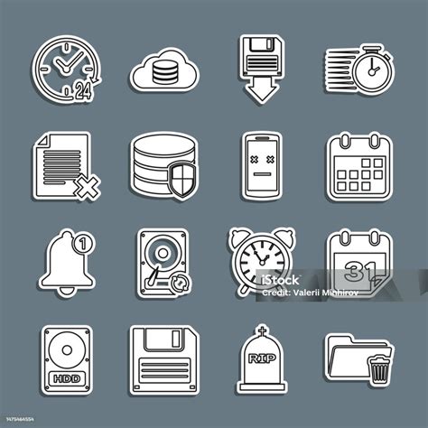 설정 줄 삭제 폴더 캘린더 플로피 디스크 백업 데이터베이스 보호 파일 문서 시계 24 시간 및 죽은 모바일 아이콘 벡터 24에 대한 스톡 벡터 아트 및 기타 이미지 Istock