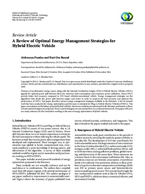 Pdf A Review Of Optimal Energy Management Strategies For Hybrid Electric Vehicle
