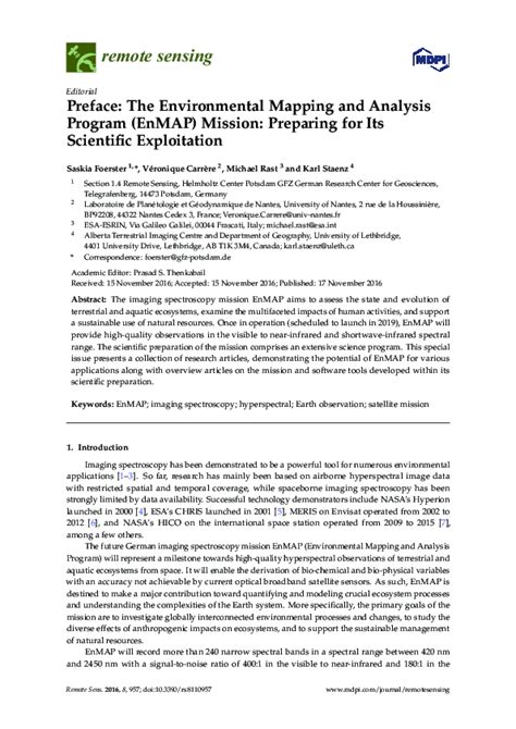 Pdf Preface The Environmental Mapping And Analysis Program Enmap Mission Preparing For Its
