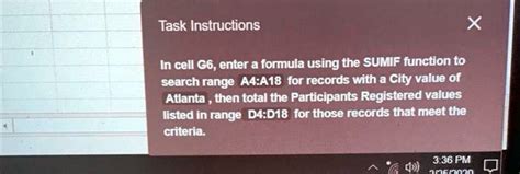 in cell g6 enter a formula using the sumif function to search range a4