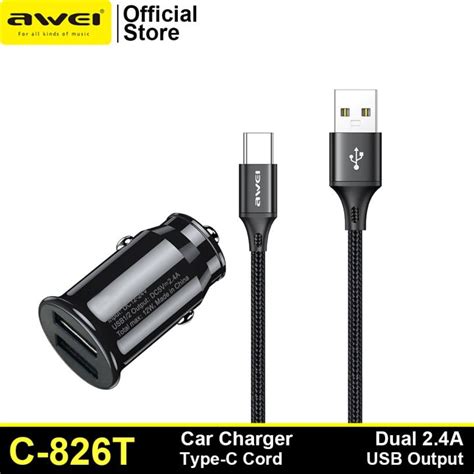 Awei C T V A W Mini Dual Usb Car Charger With Type C Cable Quick Charge Short Circuit