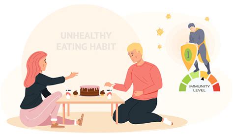 테이블에 케이크와 소다와 커플 면역력이 낮은 사람들은 지방이 많은 고 칼로리 음식을 먹습니다 가득 찬에 대한 스톡 벡터 아트 및 기타 이미지 Istock